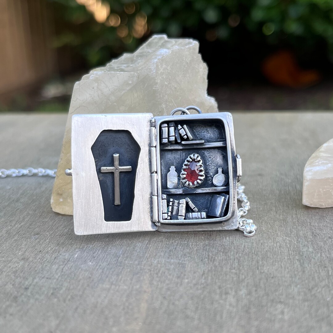 Sterling Silver Locket Pendant Coffin and Skull and Library Inside ...