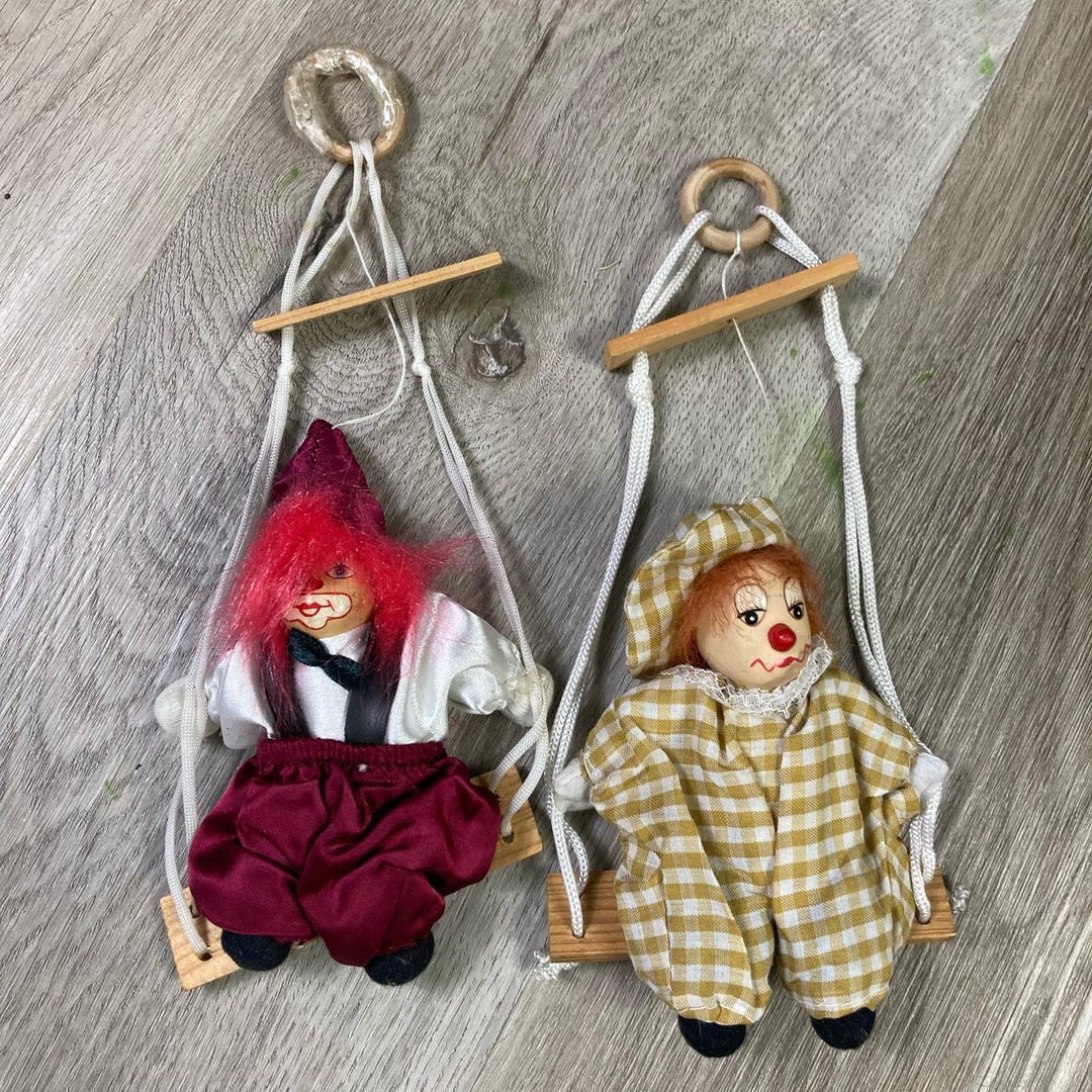 Vintage Marionette Clown Dolls on Wooden Swings Set of 2 Hand-painted 6 ...