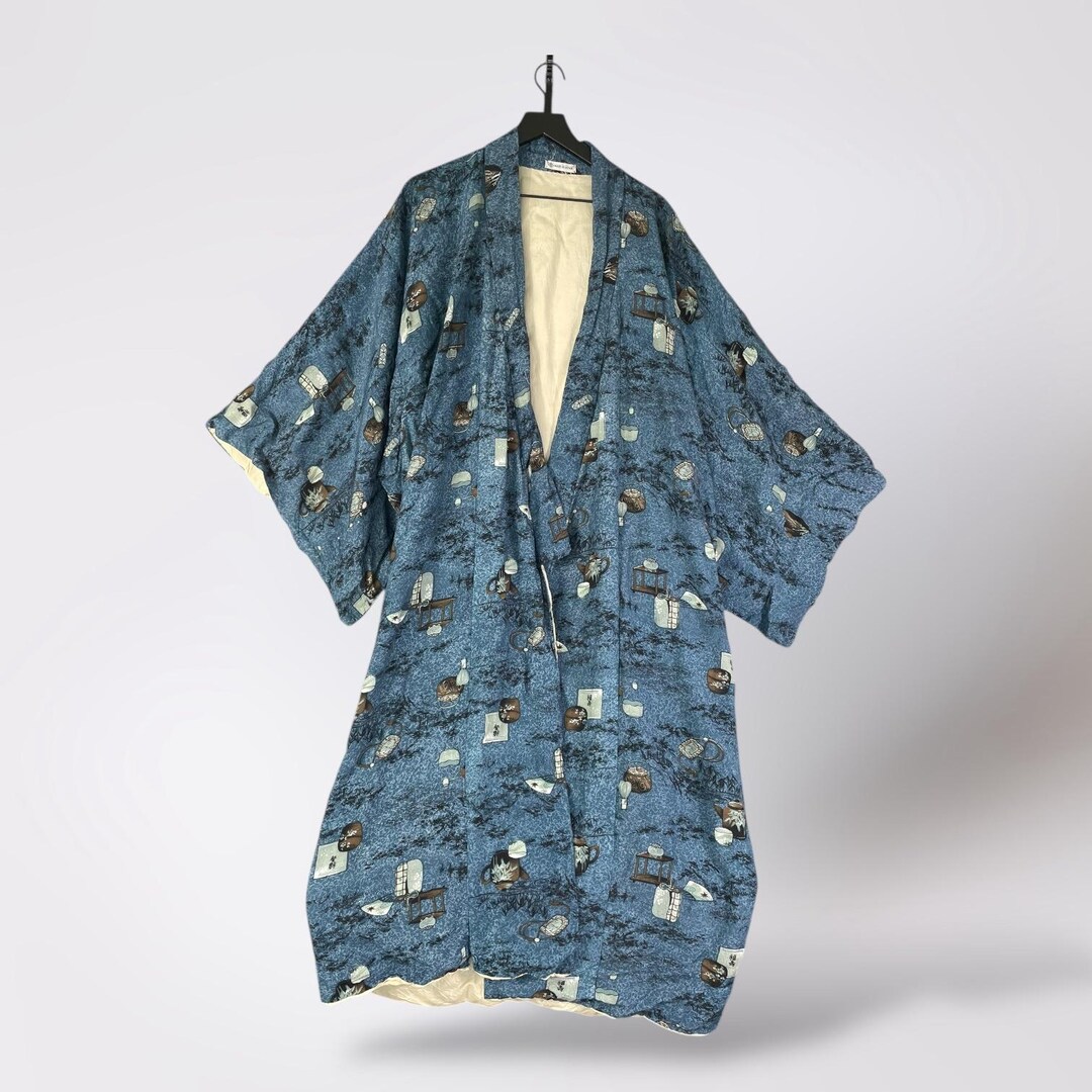Vintage Japanese Kimono Robe Blue Asian Tea Set Print Made in Japan - Etsy