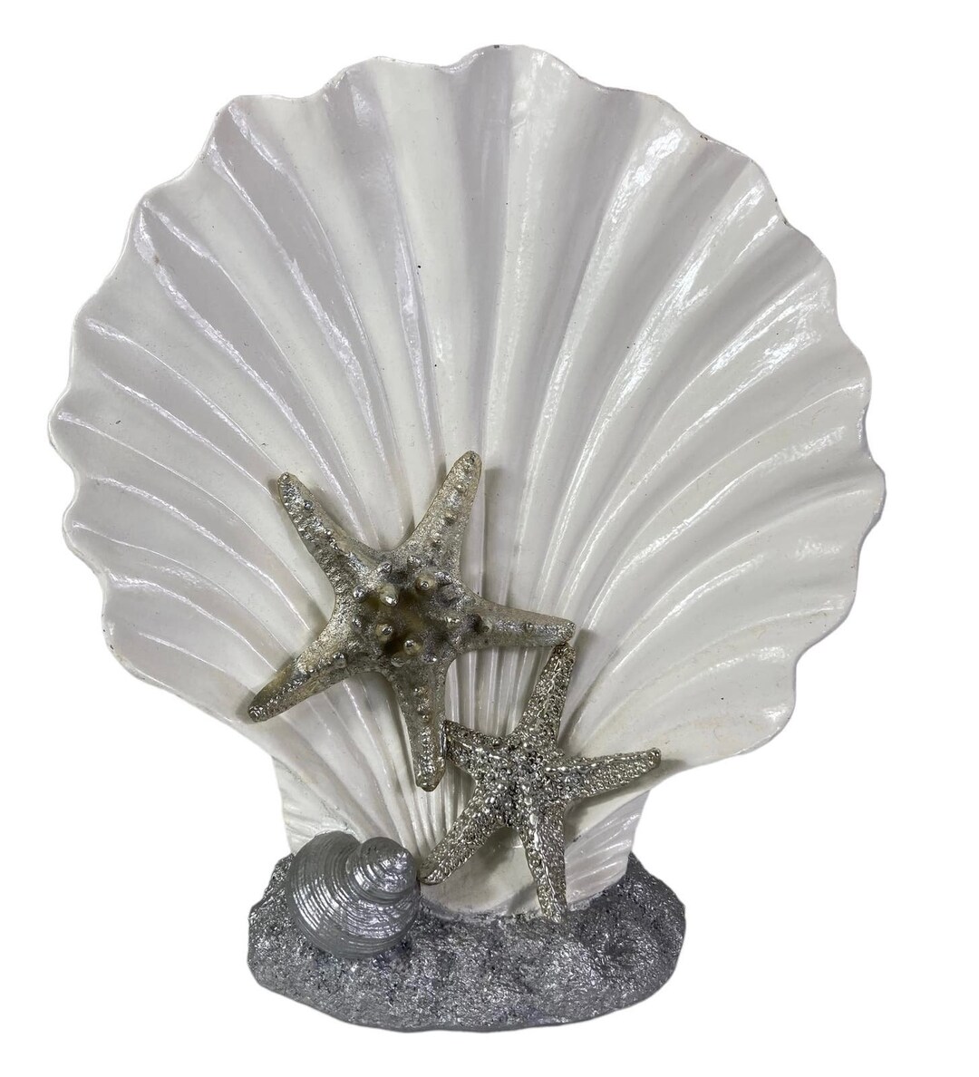 Seashell Art Display Shelf 10" Ceramic White Silver Starfish ...