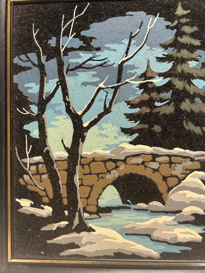 Vintage Black Velvet Painting, Winter Moonlight Bridge, Paint by Number ...