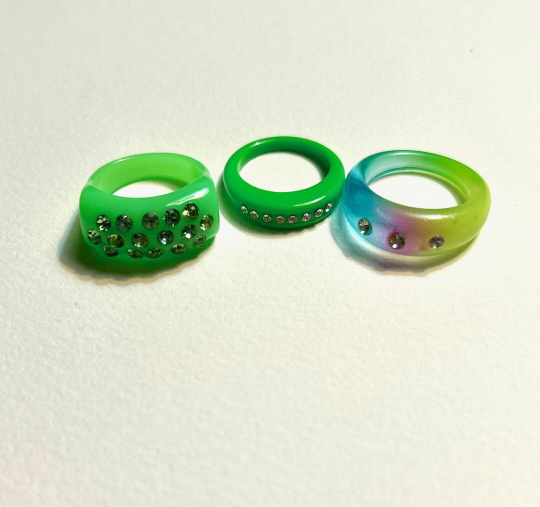 Lucite Acrylic Ring Lot, 3 Rings, Lime Green, Rainbow, Rhinestone, Rave ...