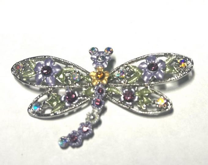 Vintage Dragonfly Brooch, Purple Rhinestone, Floral, Silver Metal, Hair ...