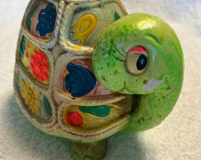Vintage Turtle Bank, Hand Painted Patchwork, Ceramic, Hippie Floral ...