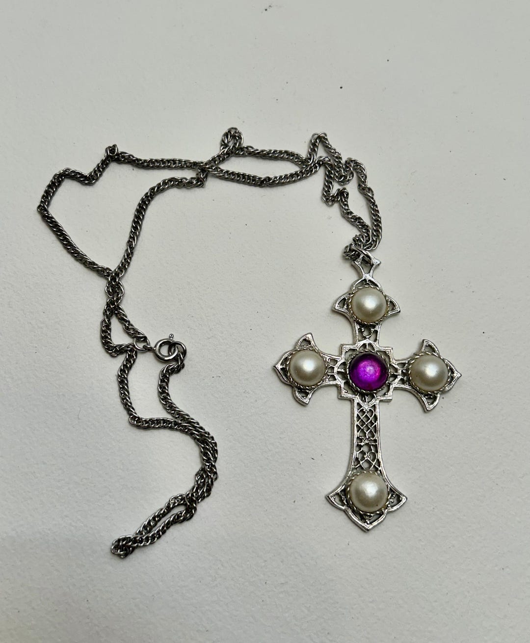 Vintage Sarah Coventry Crusader Cross Necklace, 1971, Purple Cabochon ...