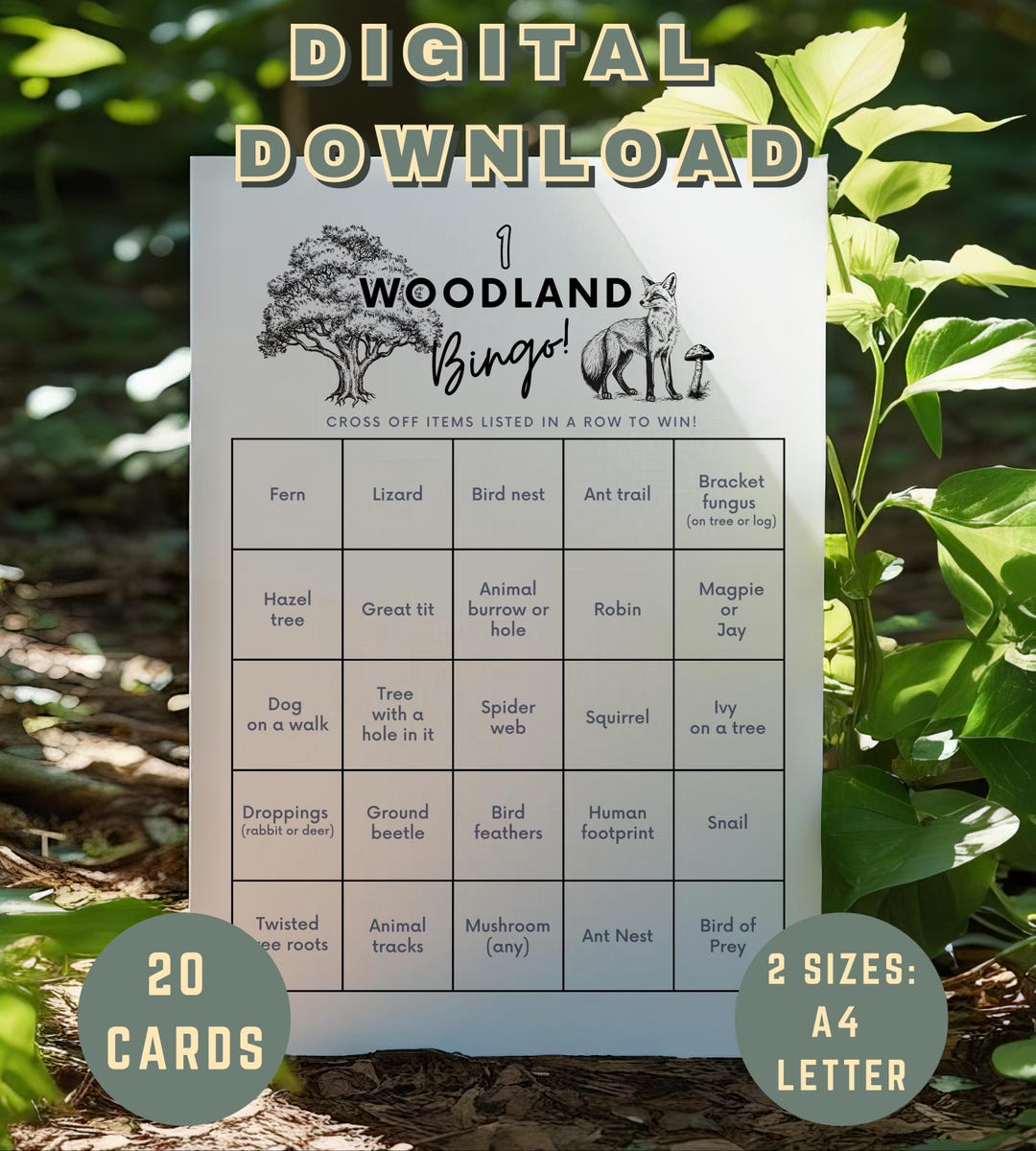 Woodland Bingo Card Game: 20 Printable Forest Themed Bingo Cards, Fun ...