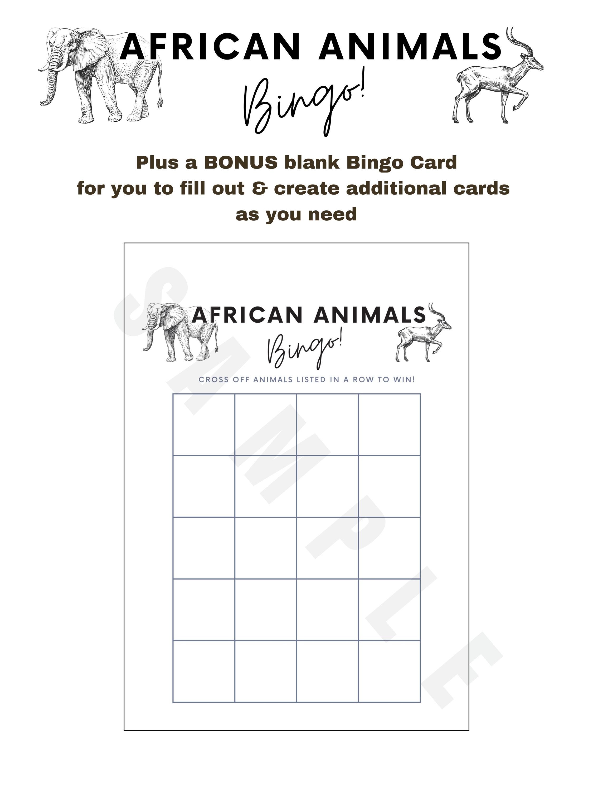 African Animal Bingo Card - 20 Printable Safari Bingo Cards, Fun ...