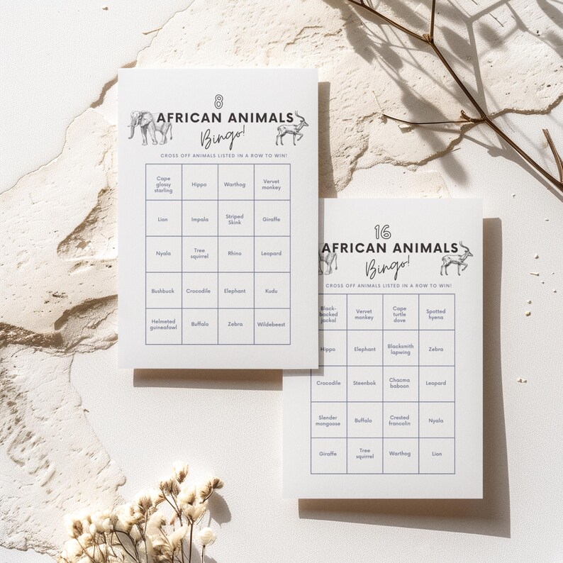 African Animal Bingo Card - 20 Printable Safari Bingo Cards, Fun ...