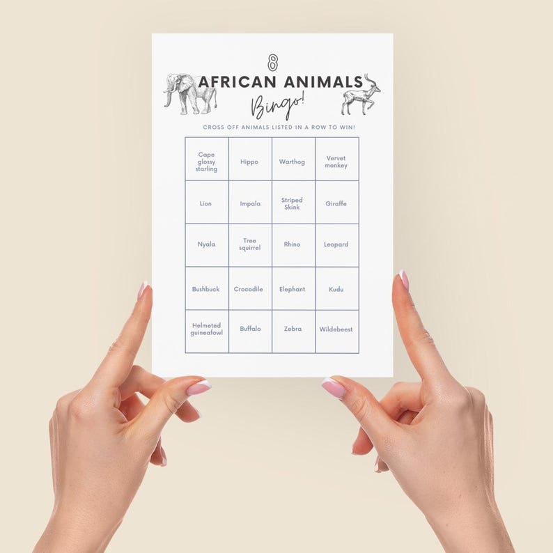 African Animal Bingo Card - 20 Printable Safari Bingo Cards, Fun ...
