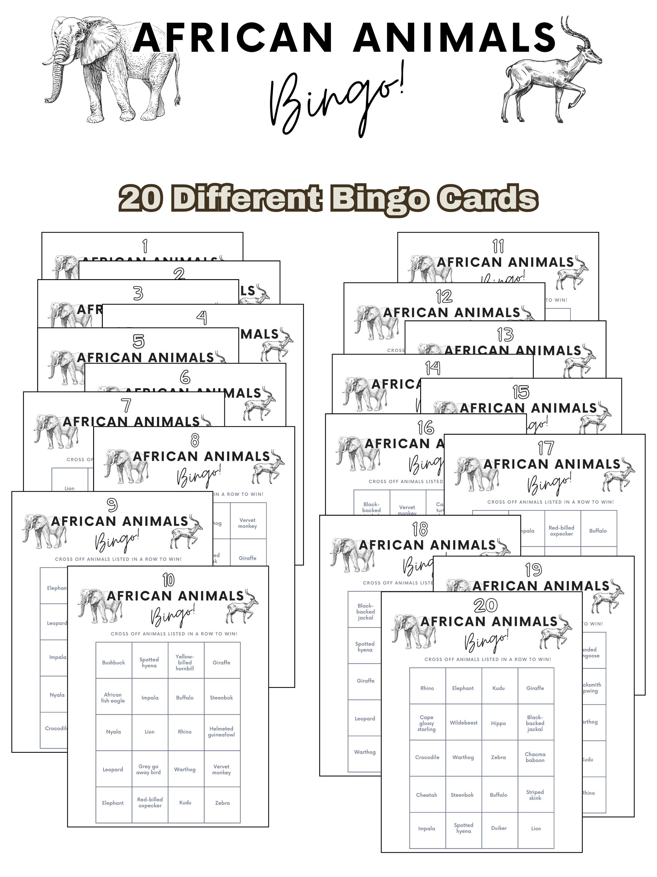 African Animal Bingo Card - 20 Printable Safari Bingo Cards, Fun ...