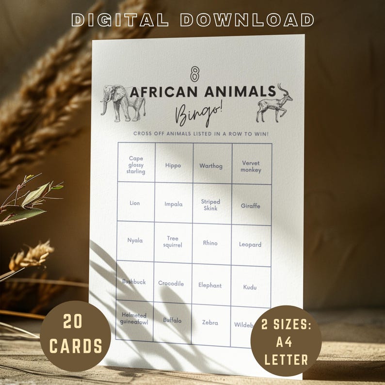 African Animal Bingo Card - 20 Printable Safari Bingo Cards, Fun ...