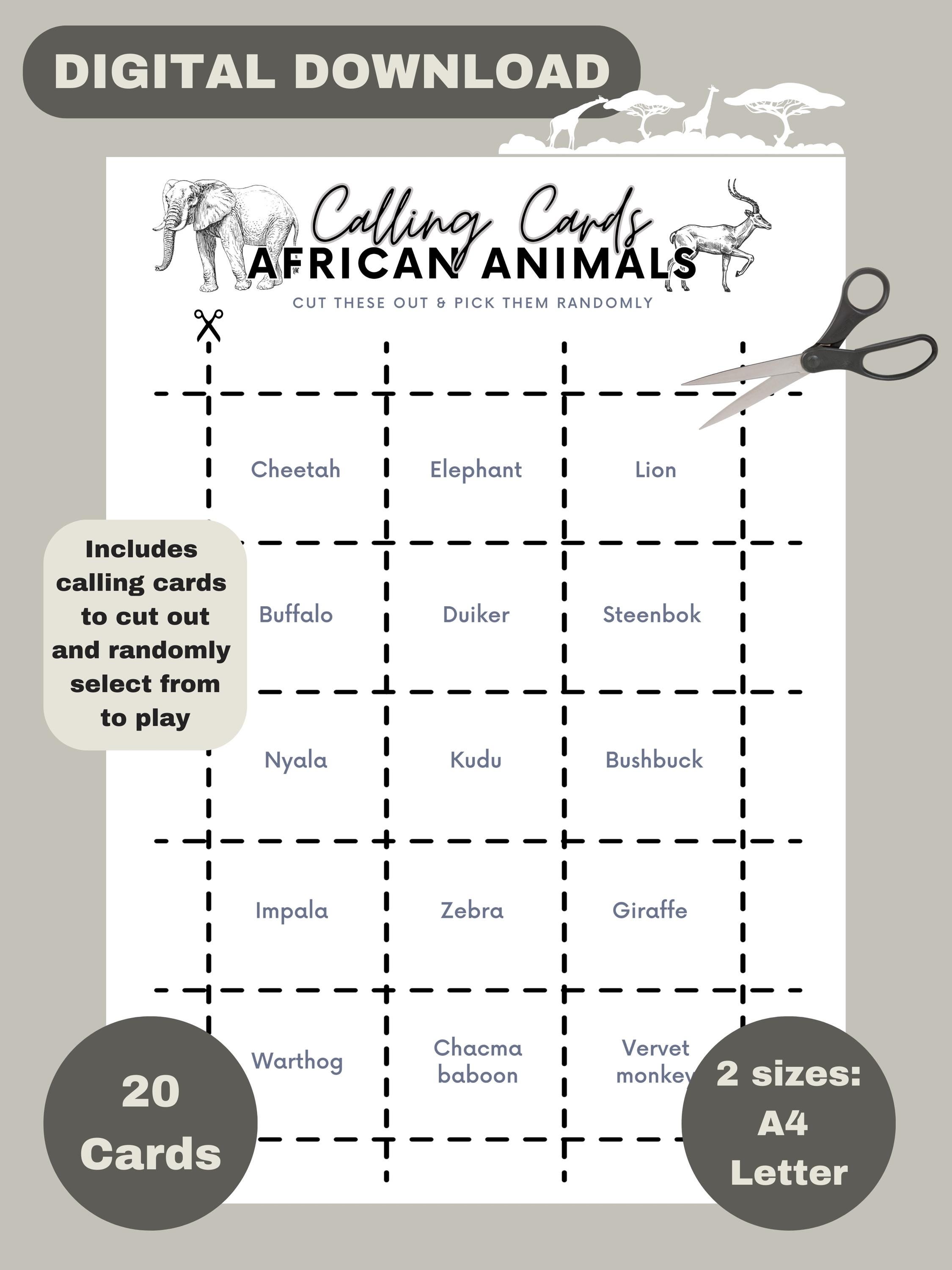 African Animal Bingo Card - 20 Printable Safari Bingo Cards, Fun ...