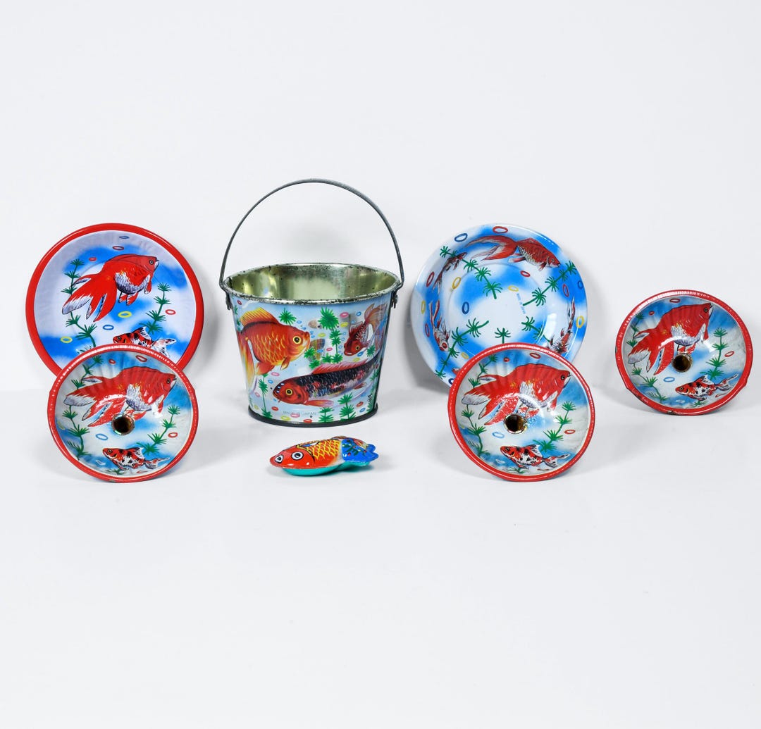 Vintage Tin Litho Fish Pail & Dishes From Japan - Etsy