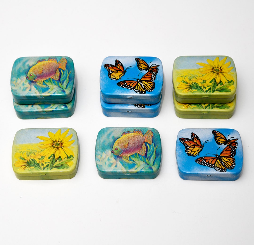 1 Vintage Mini Storage Tin Box - Butterfly Fish or Flowers - Etsy