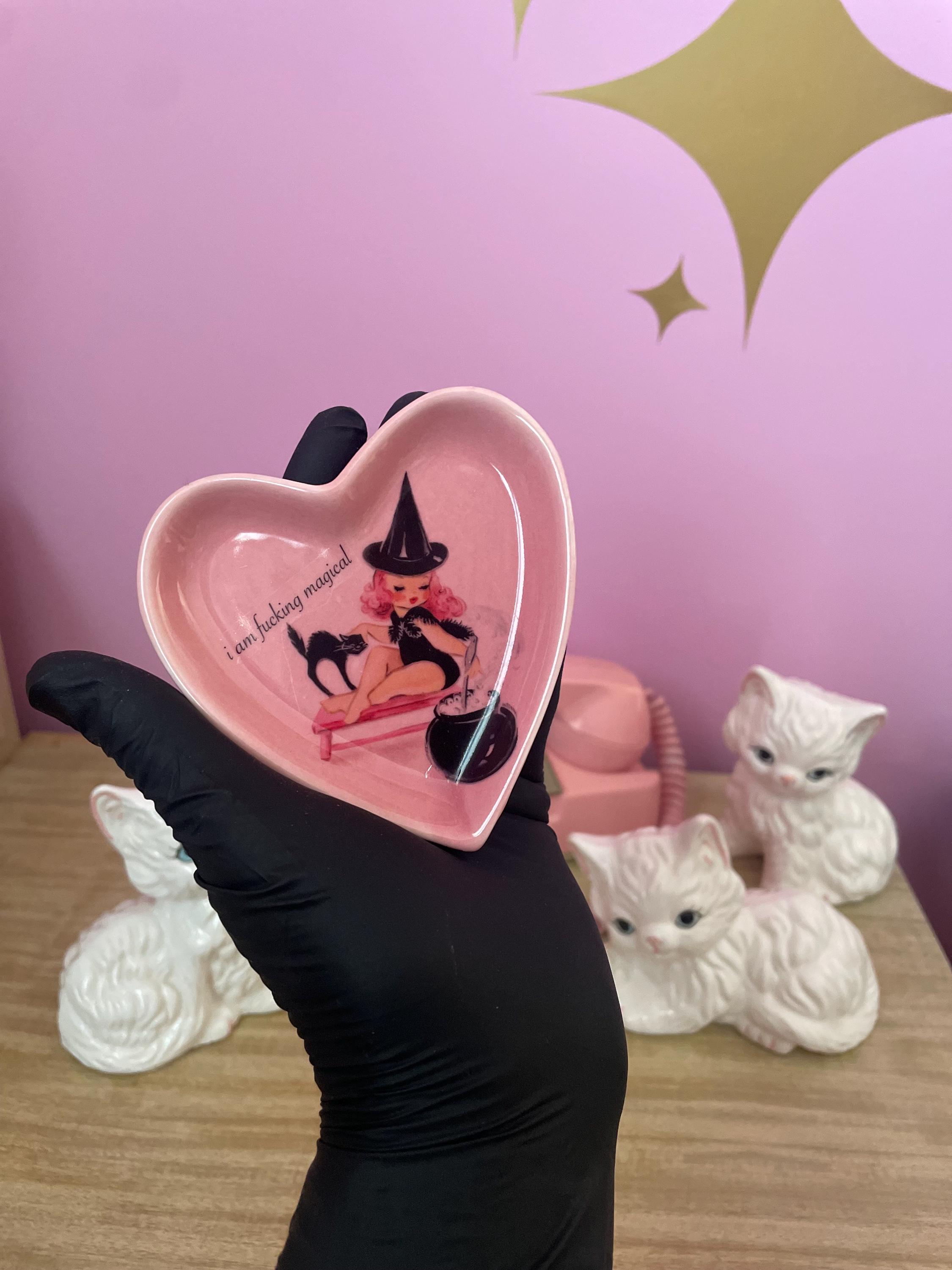 Pink Witch Sweary Magic Horror Halloween Heart Ceramic Trinket Ring ...