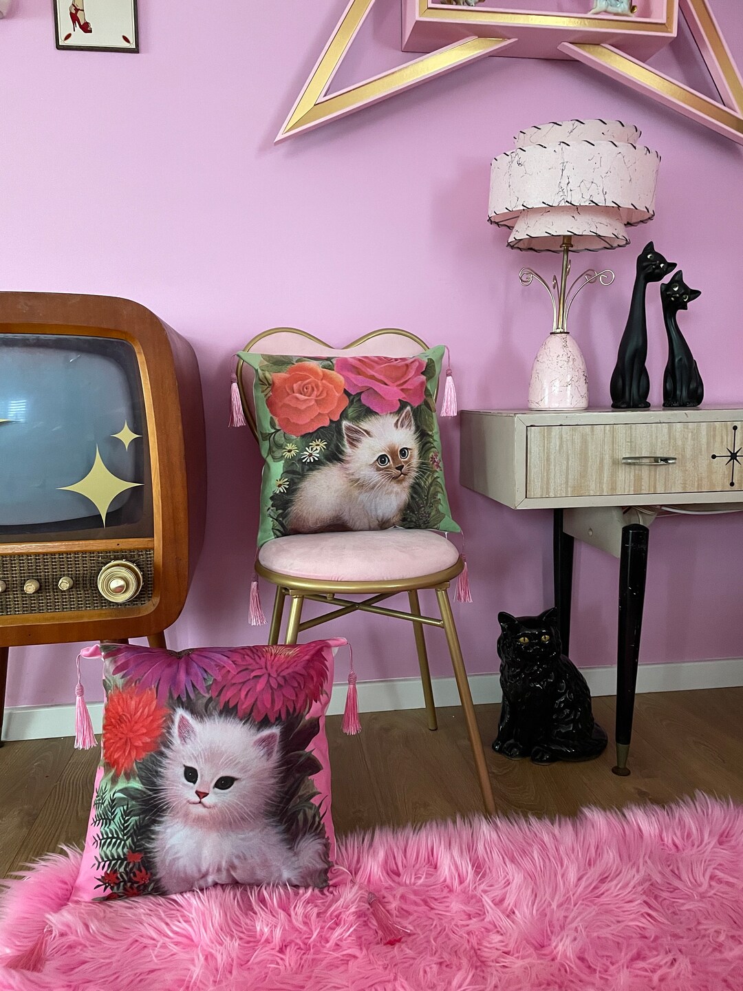 Kitsch Pastel Vintage Retro Mcm NEW Kitten Cat Flowers Pink Bluebird ...