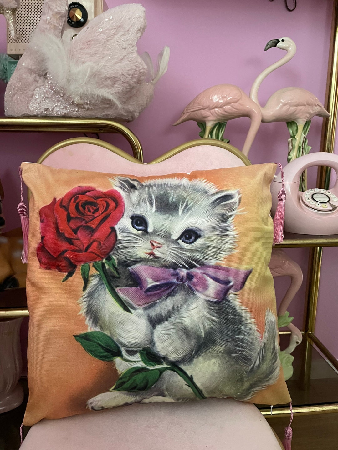 Kitsch Vintage Retro NEW 60s Kitten Cat Red Roses Sweet Lefton Pastel ...