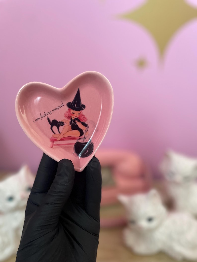 Pink Witch Sweary Magic Horror Halloween Heart Ceramic Trinket Ring ...
