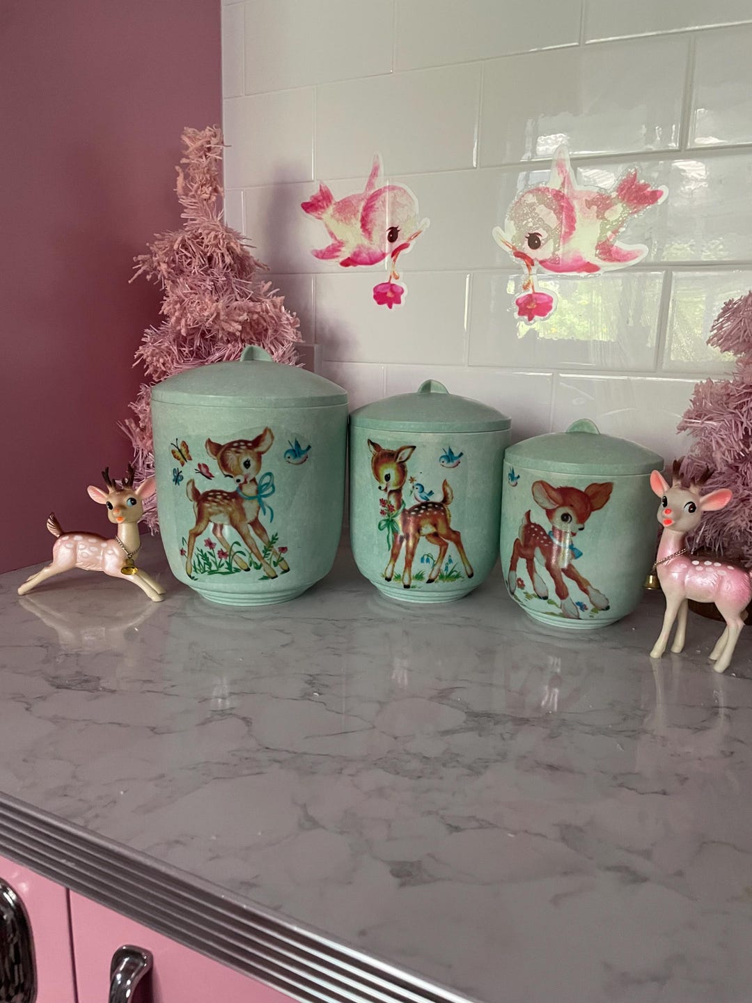 Retro Vintage Mint Green Pastel Baby Bluebird Retro Canisters Set Deer ...