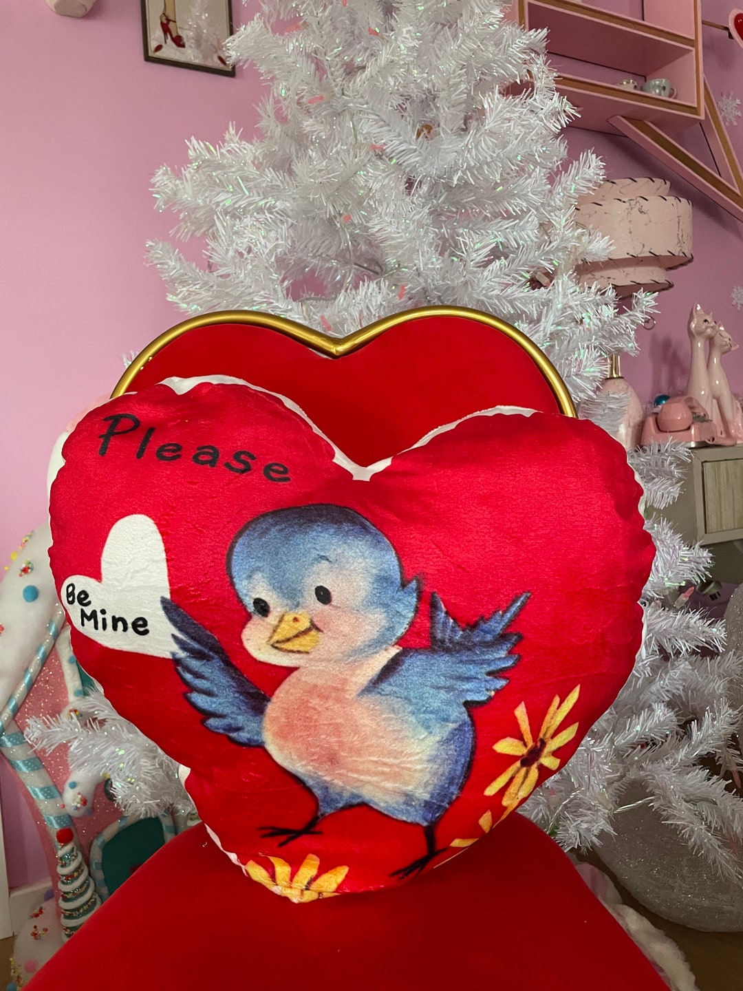Kitsch Vintage Retro Anthropomorphic New Pillow Girl Phone Bluebird ...