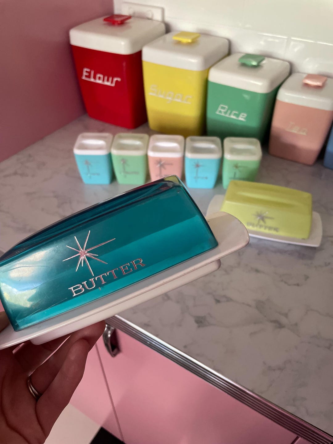 Retro Vintage Rare Atomic Starburst Nally Canister Trio Butter Aqua ...