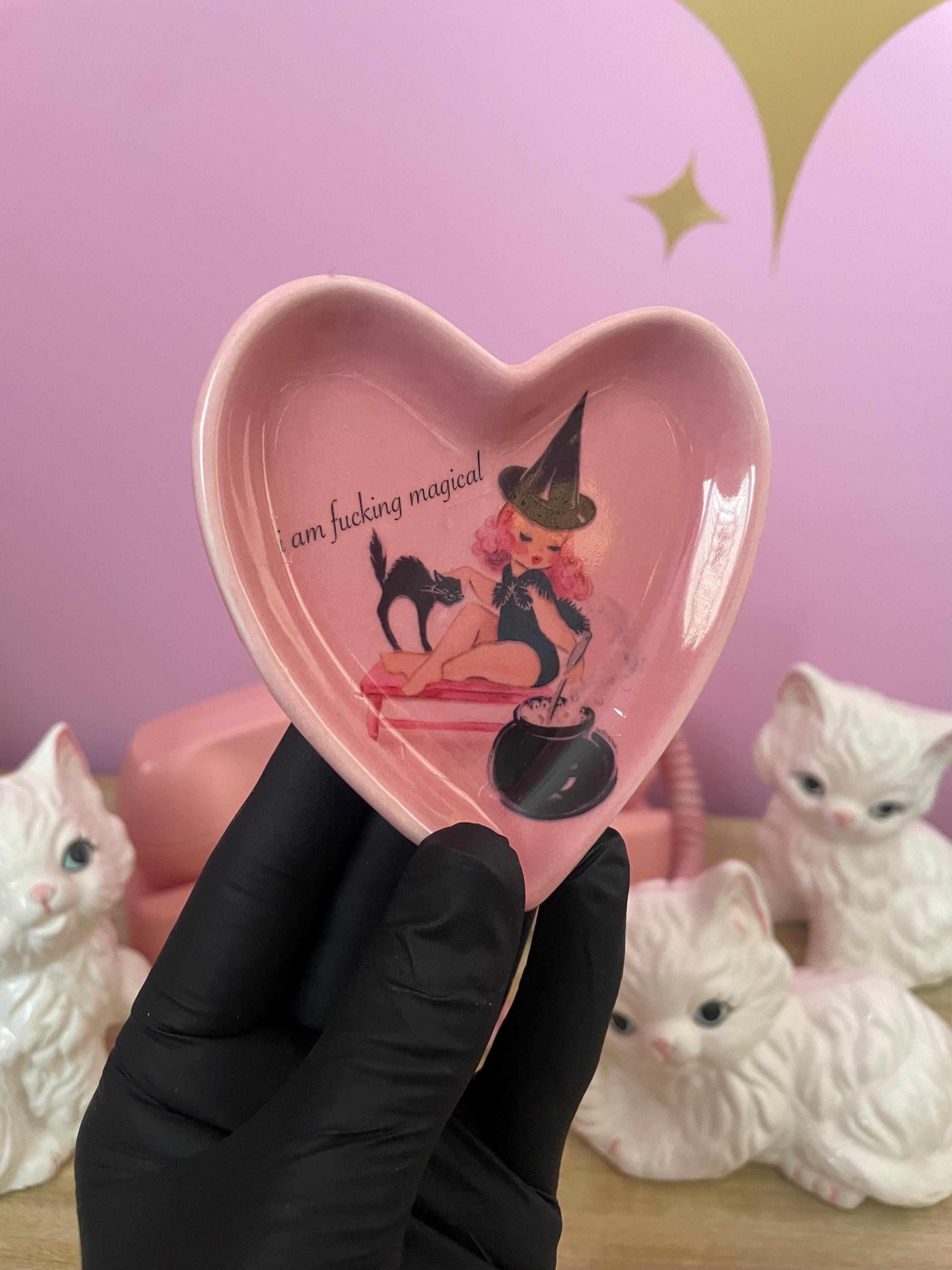 Pink Witch Sweary Magic Horror Halloween Heart Ceramic Trinket Ring ...