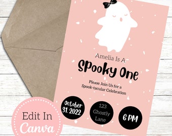 Editable Spooky One Coquette Ghost First Birthday Party Invitation ...