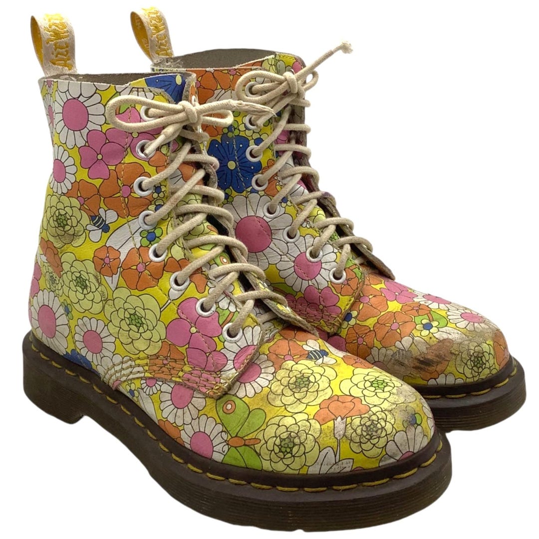 DOC DR MARTENS Pascal Leather Combat Boots Vintage Floral Yellow Pink ...
