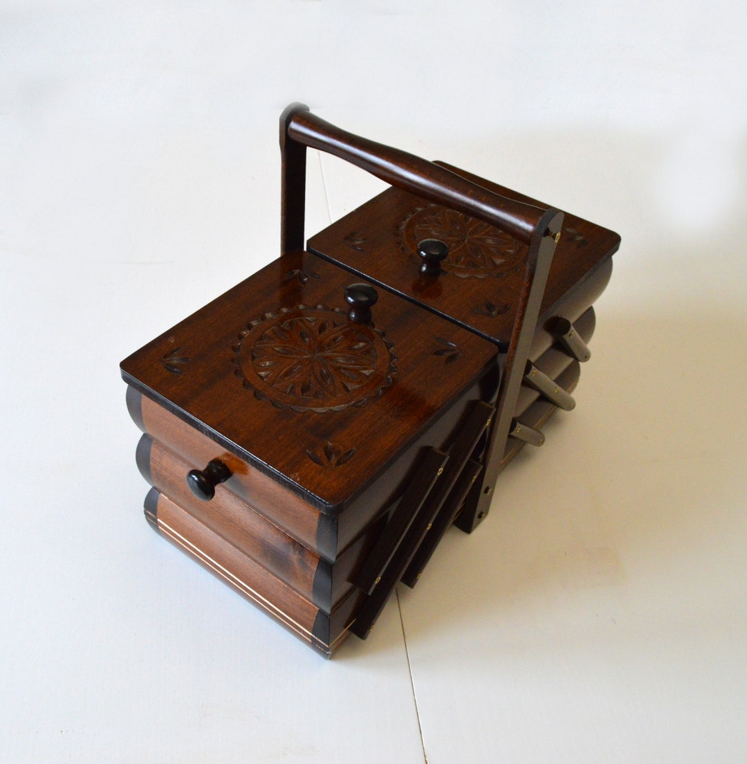 Brown Wood Sewing Box Made of Linden Wood, Wooden Box Brown, Vintage ...