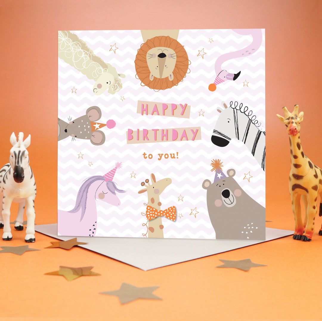Children's Handfinished Animal Themed Birthday Card - Etsy