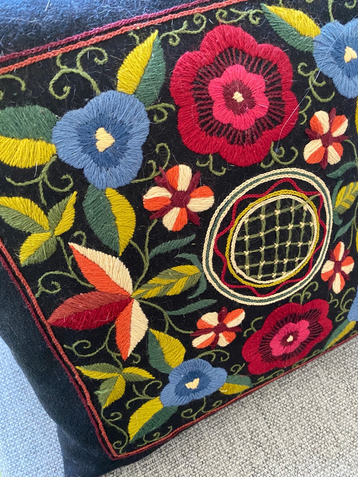 Vintage Hand Embroidered Rectangular Black Pillow. Nordic Red - Etsy