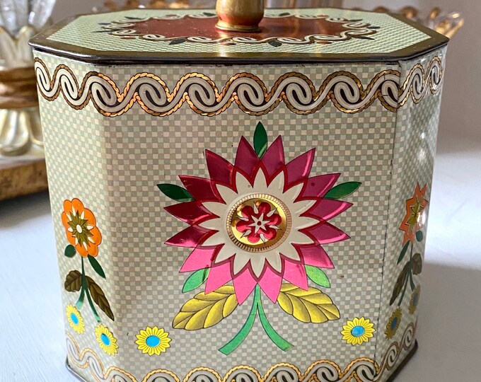 Rare Beautiful Jewel Tone Lidded Biscuit Tin. Art Nouveau Botanical and ...