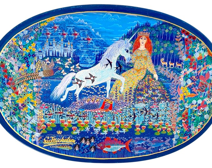 Rare Vintage Danish Oval Chocolate Candy Tin. Maiden and Unicorn Folk ...