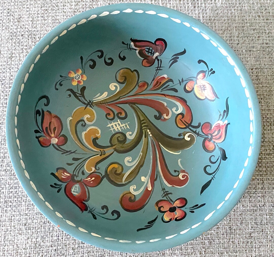 Antique Rosemaling Light Blue Wooden Deep Round Bowl. Hand Painted ...