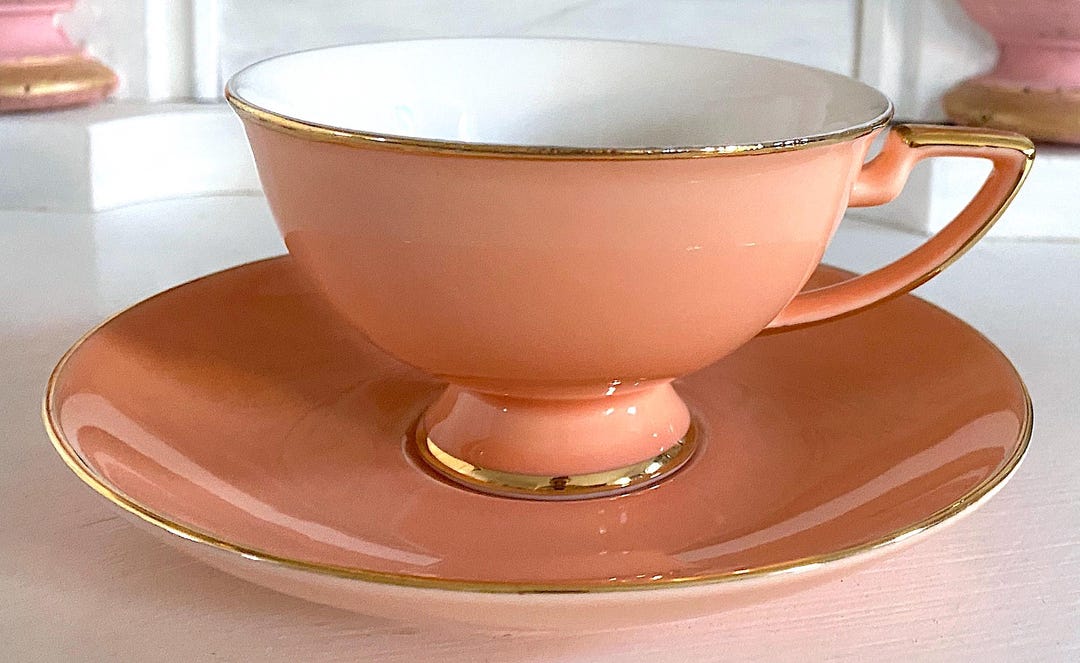 French Cafe Tea Cup and Saucer. Pastel Apricot Pink Gold Accent ...