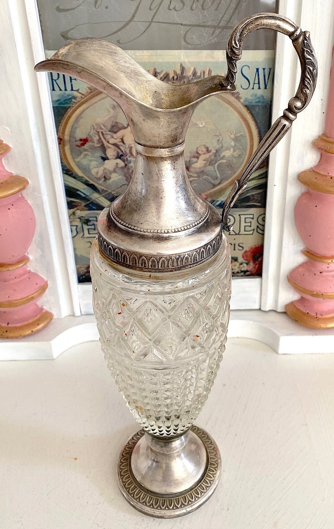 Antique Italian Footed Silver Plate and Textured Cut Glass Crystal ...