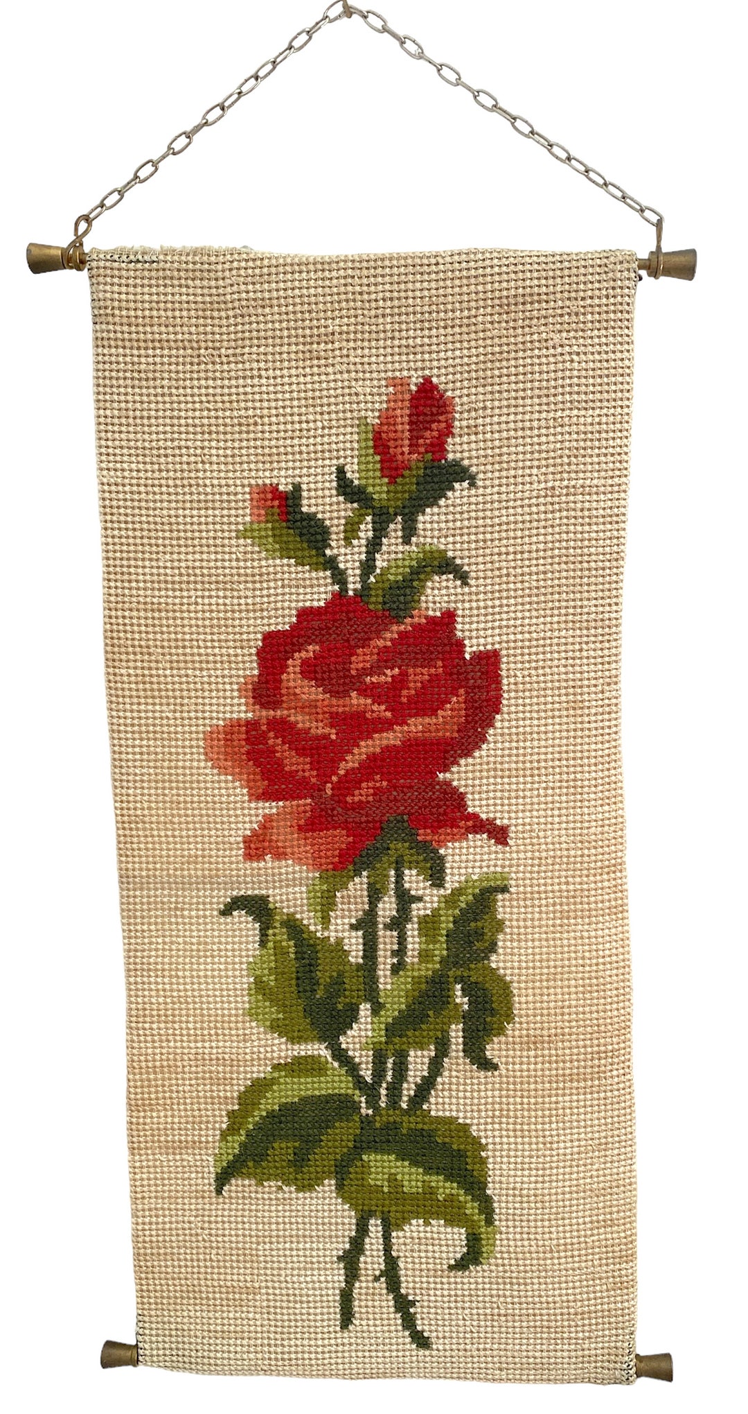 Vintage Hand Embroidered Wall Runner. Nordic Red Garden Roses ...