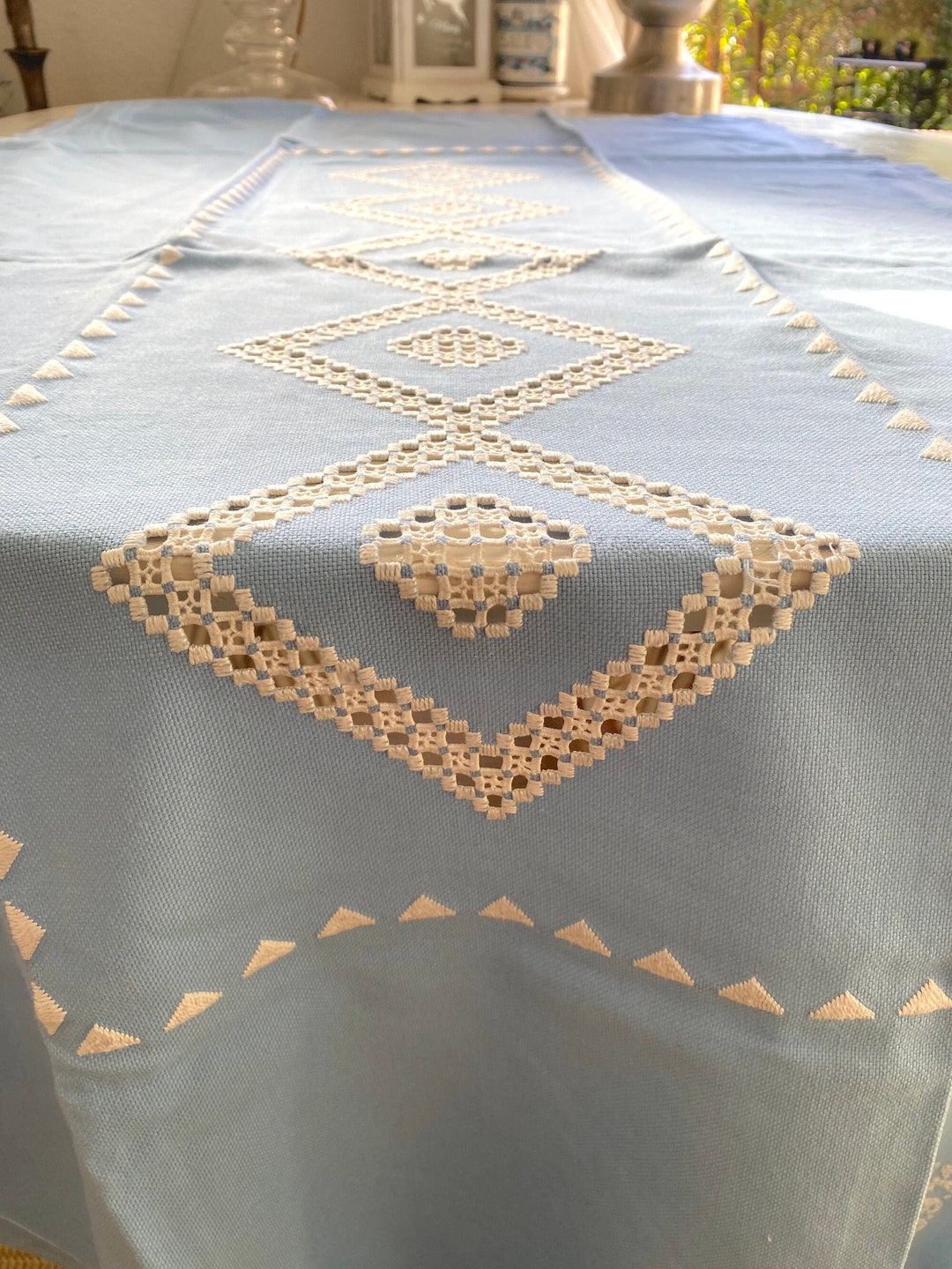 Vintage Pastel Blue With White. Cotton Linen Tablecloth Elegant Hand ...