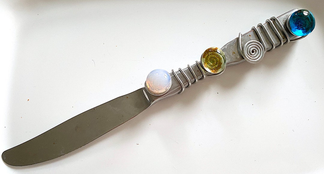 Vintage Dinner Knife. Abstract Art Silver Tone Coils and Colorful Glass ...