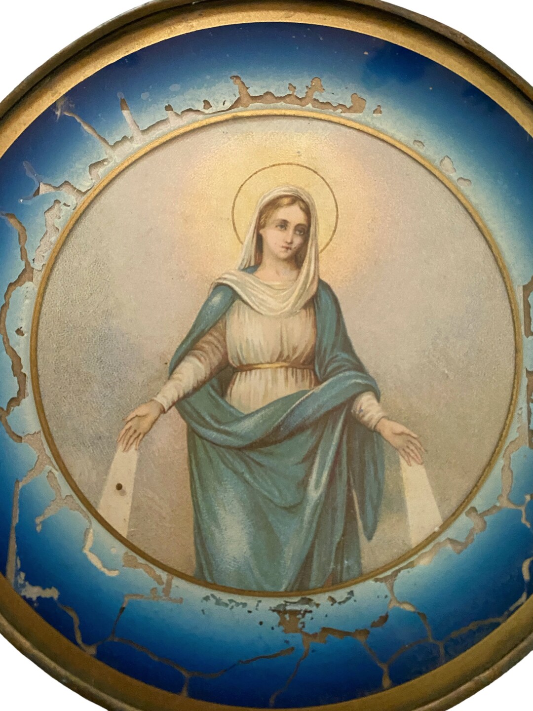 Holy Virgin Mary Round Glass Plate Icon. Early Polychrome Lithograph ...