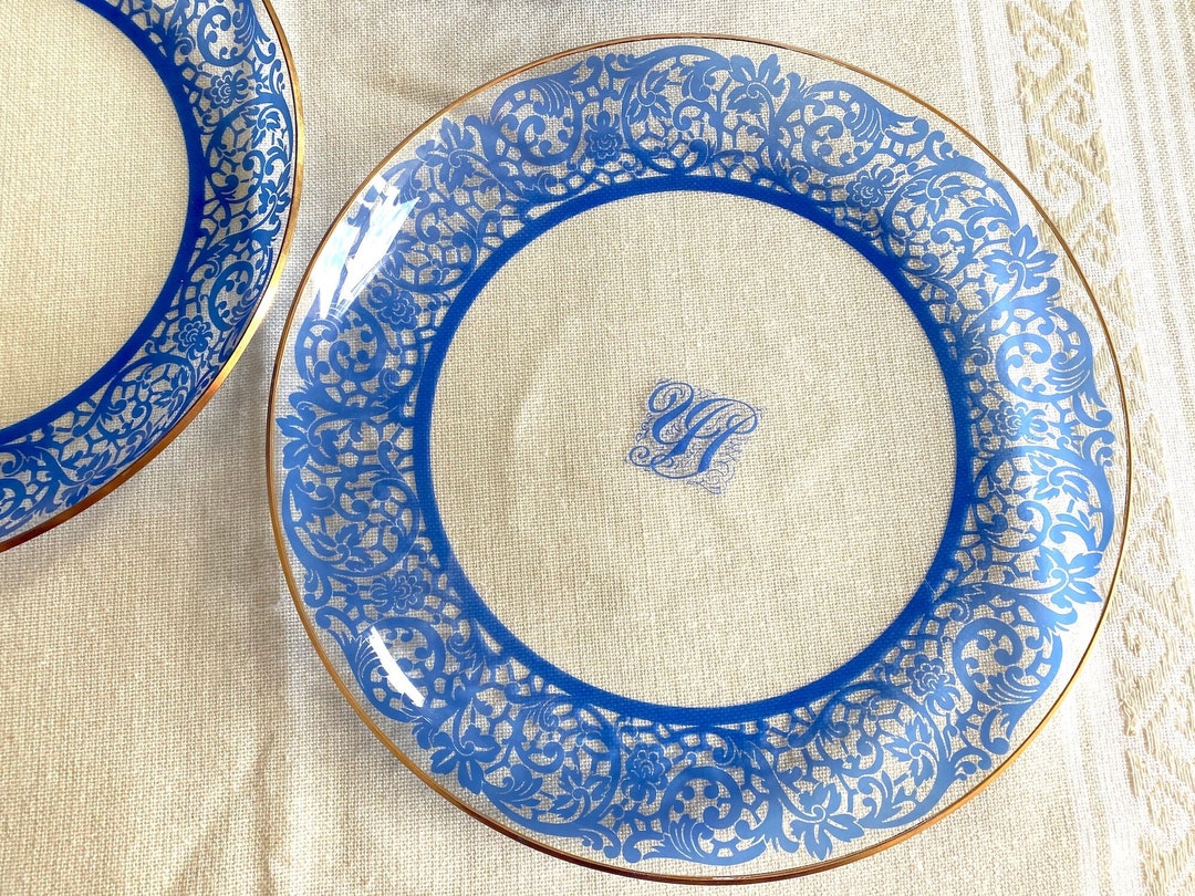 Vintage Glass Charger Plates (set of 4): Blue & Gold Monogrammed Decor ...