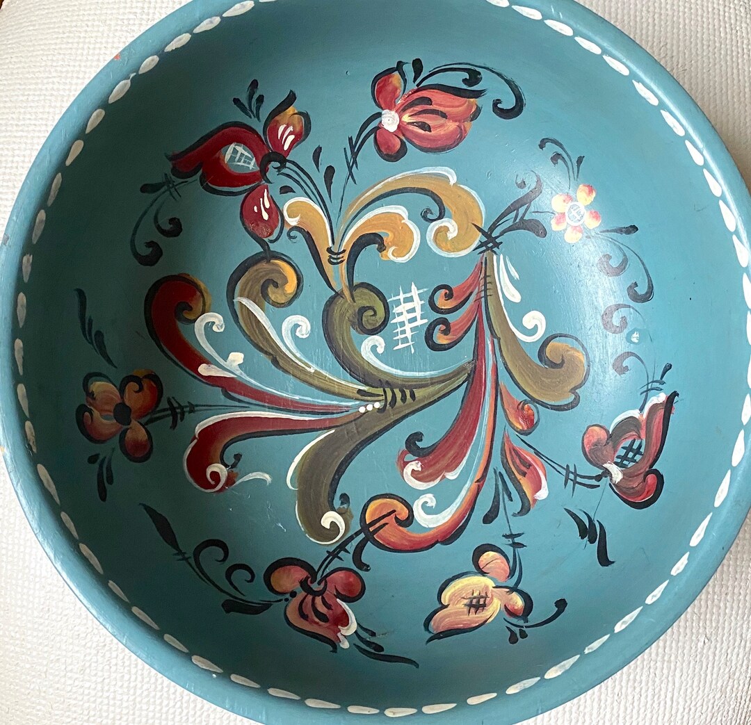 Antique Rosemaling Light Blue Wooden Deep Round Bowl. Hand Painted ...