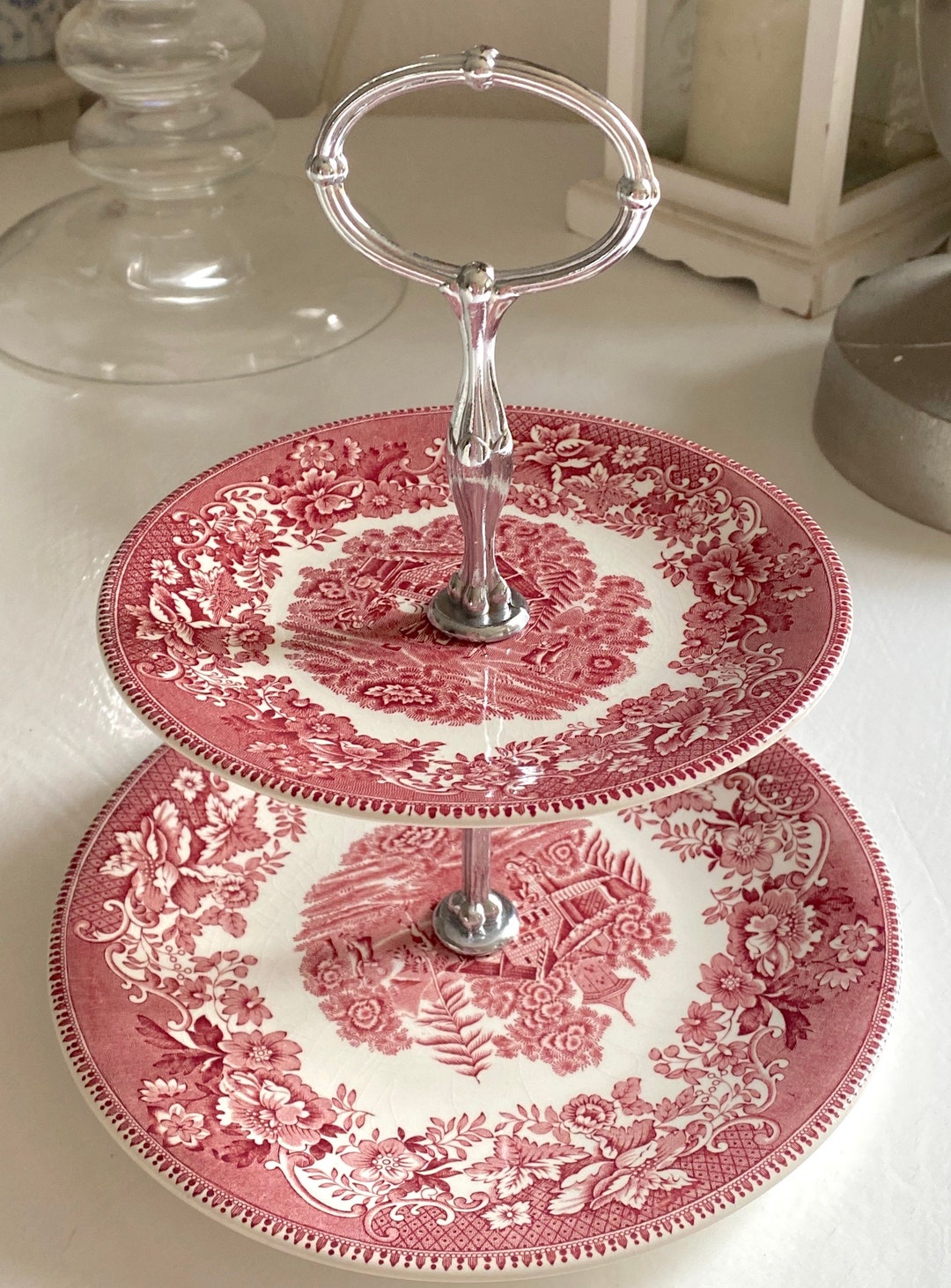 Red Fajance Two Tier Pastry, Cake, Candy Plate Stand. Avon Cottage ...