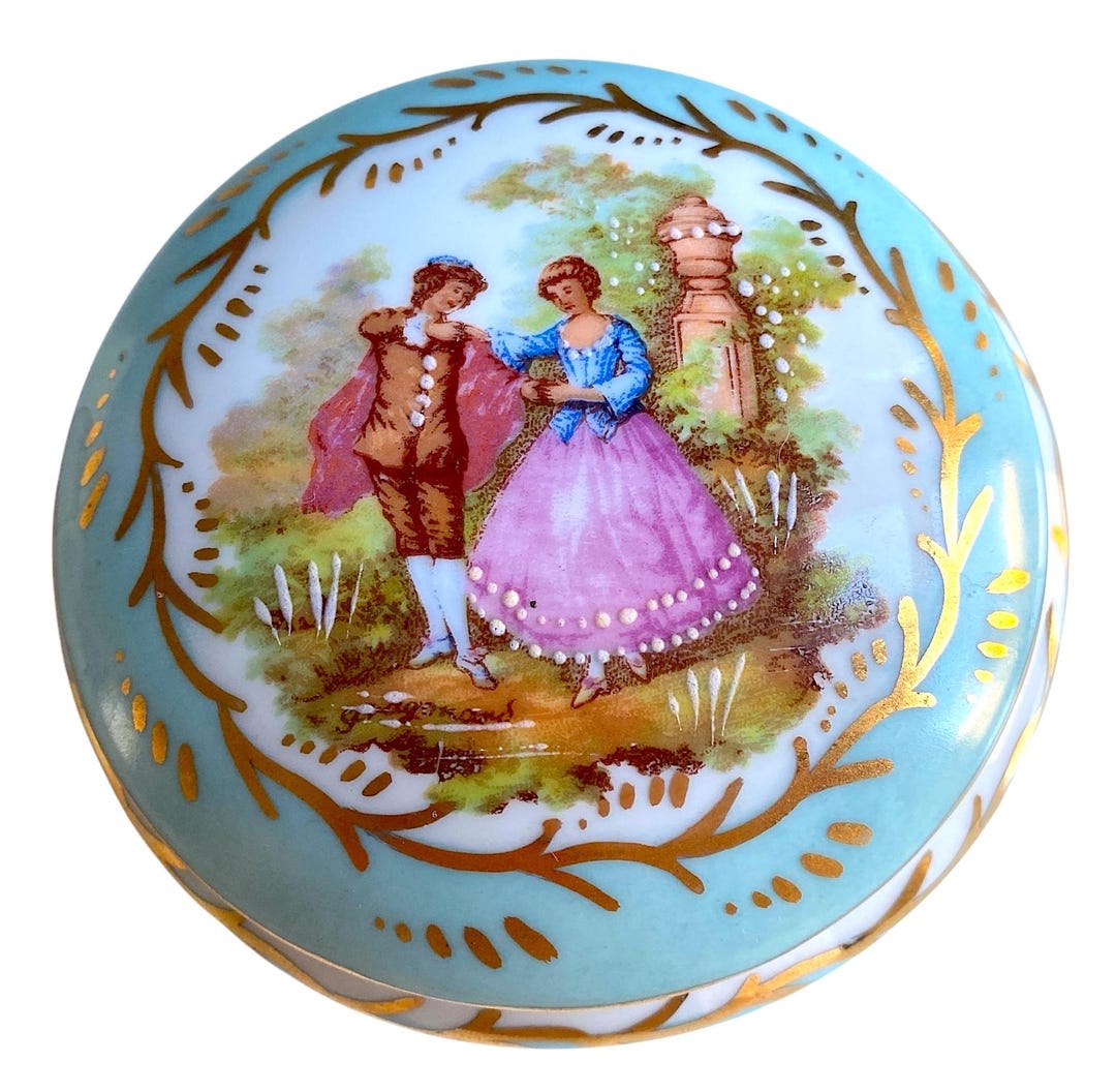 Vintage Limoges Porcelain Trinket Box: French Rococo Courting Couple ...