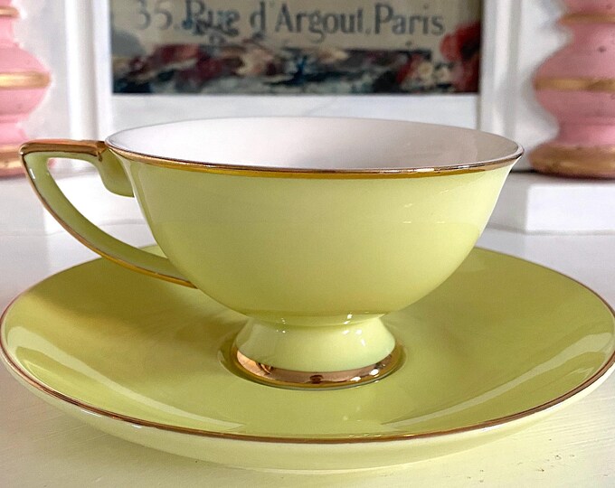 French Cafe Tea Cup and Saucer. Pastel Yellow Gold Accent. Vintage Fine ...