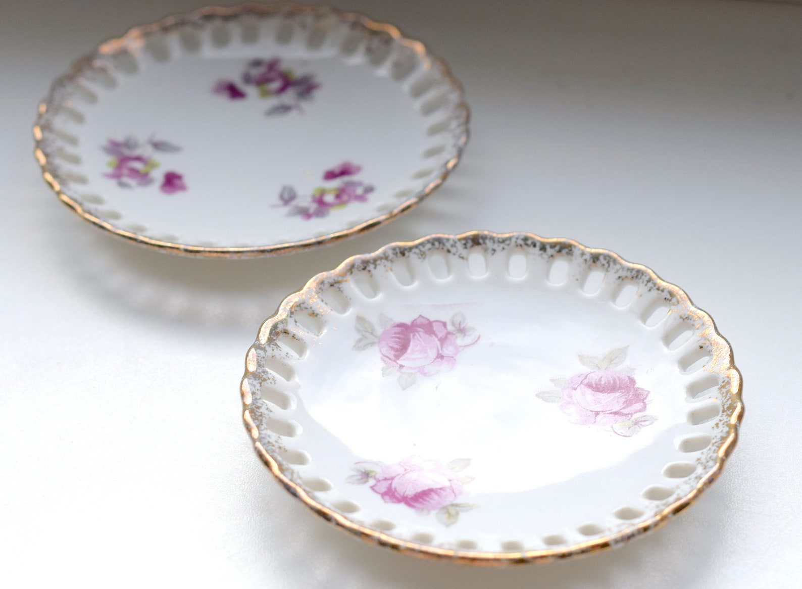 SET of 2 Petite Round Porcelain Trays. Lace Trim. White with | Etsy