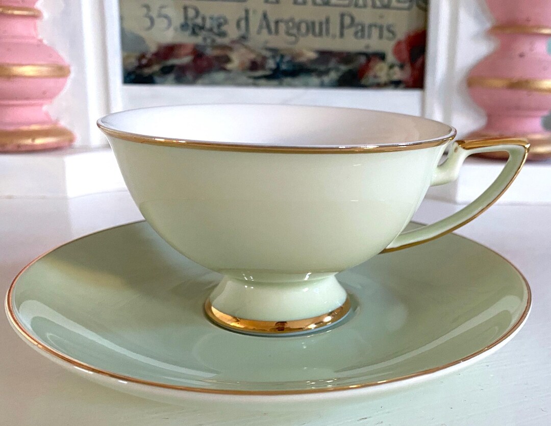 French Cafe Tea Cup and Saucer. Pastel Mint Green Gold Accent. Vintage ...