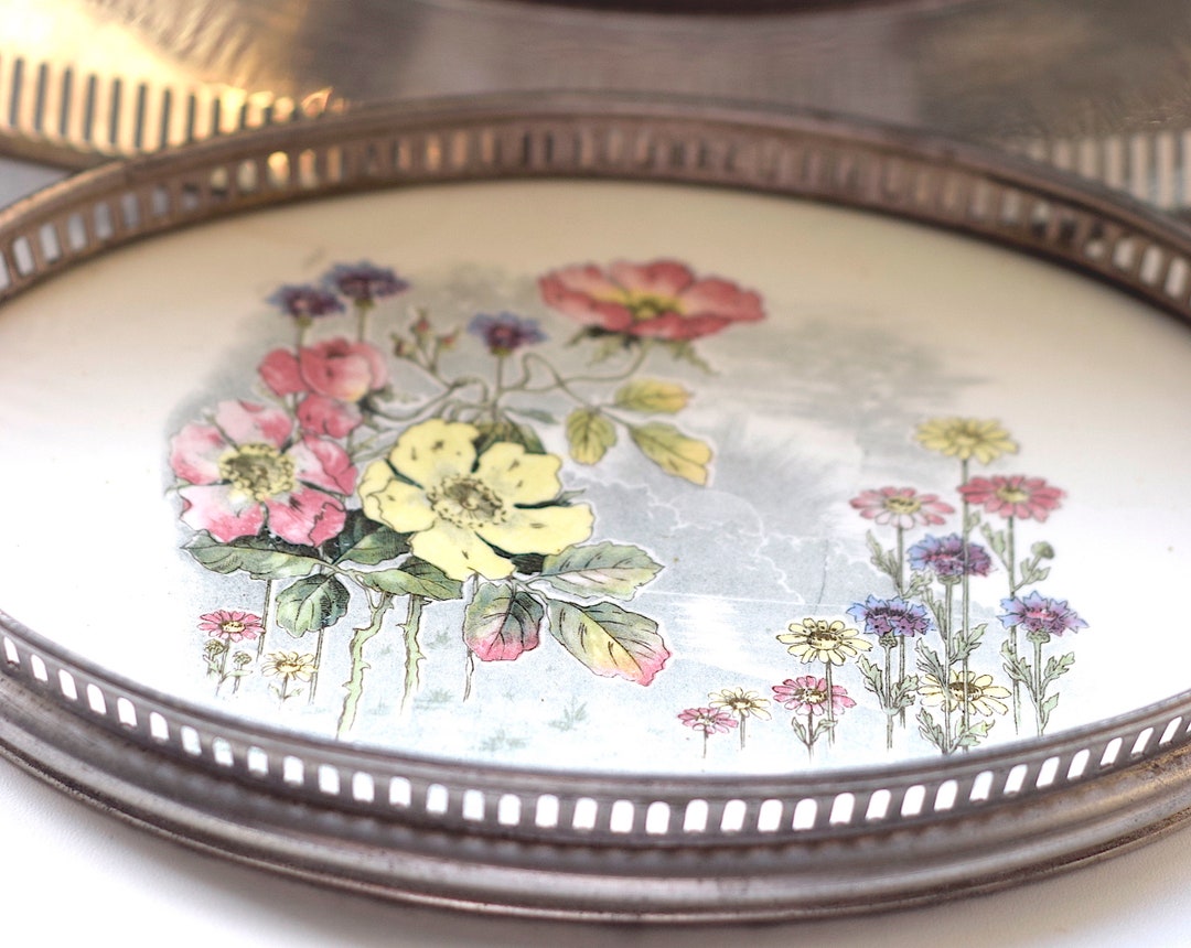 Antique Oval Silverplate Ceramic Vanity Tray And/or Oval Basket Bowl ...