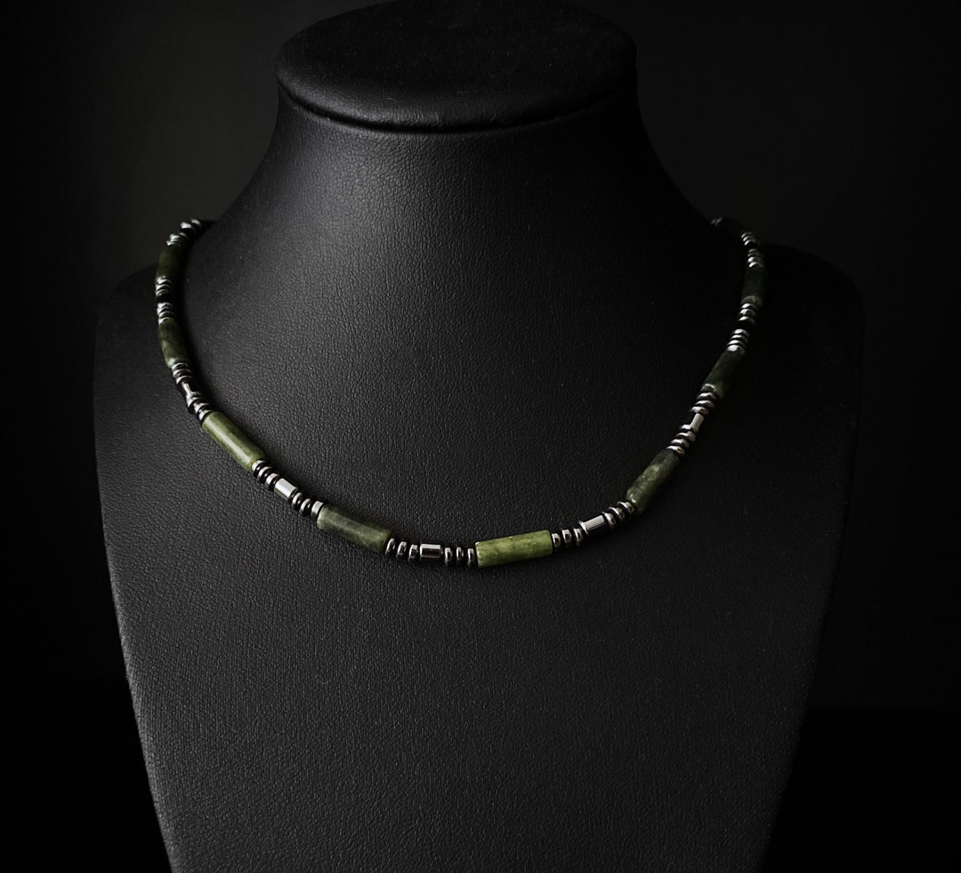 Green Jade and Hematite Mens Necklace, Mens Natural Gemstone Necklace ...