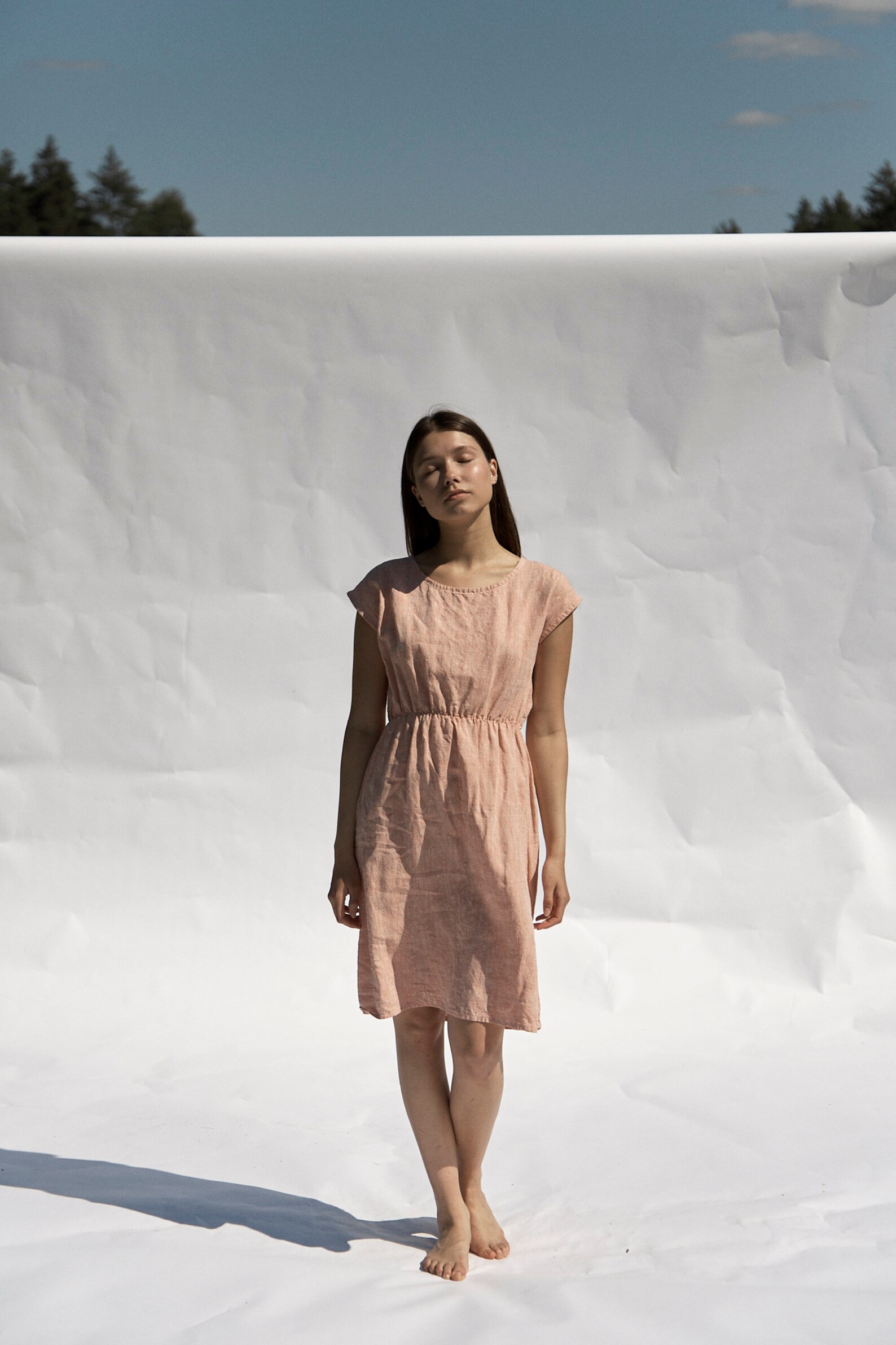 Linen Dress Women's Handmade Clothing Loose Short Sleeves Light Pink ...